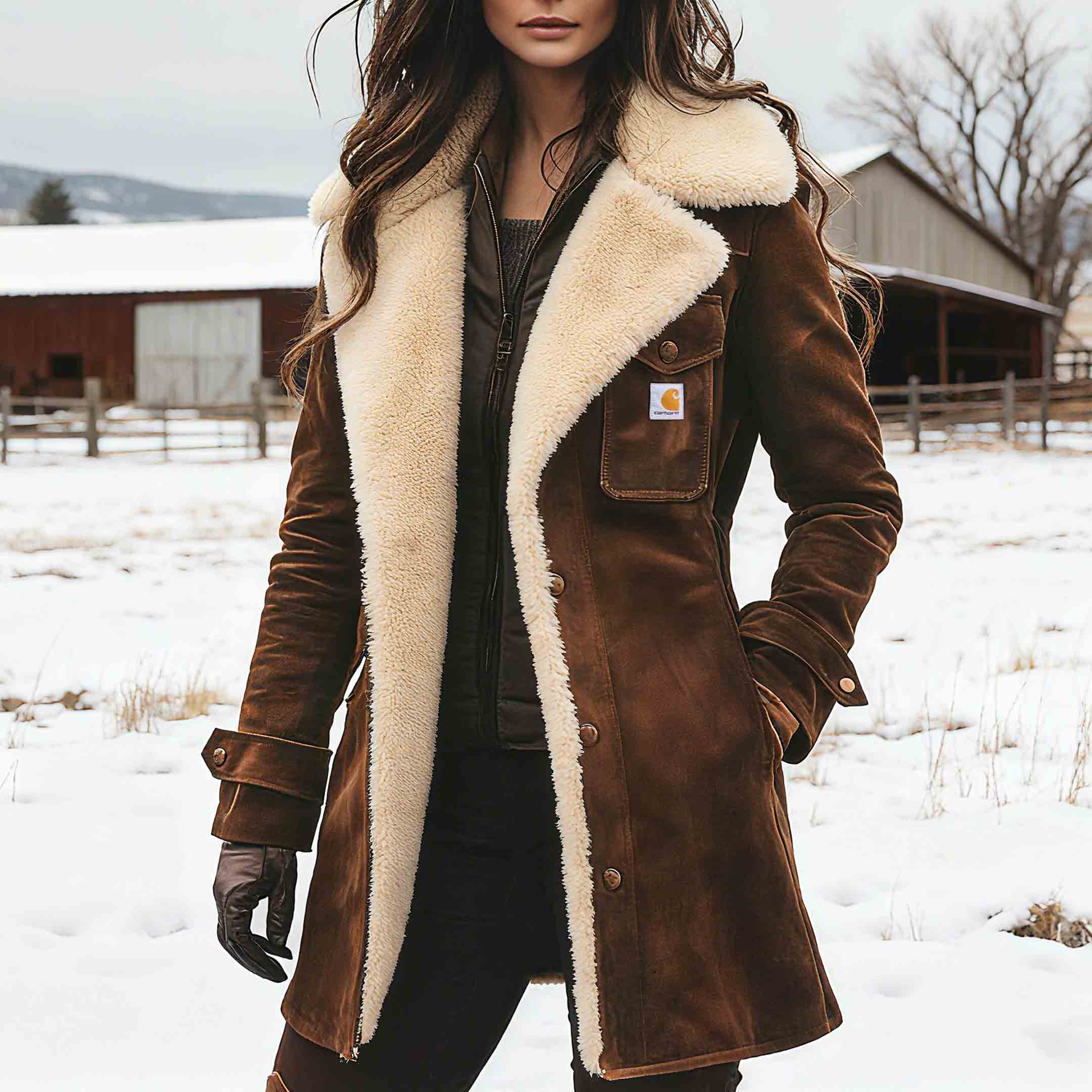 Women's Vintage Brown Suede Fleece Lapel Collar Mid-Length Shearling C
