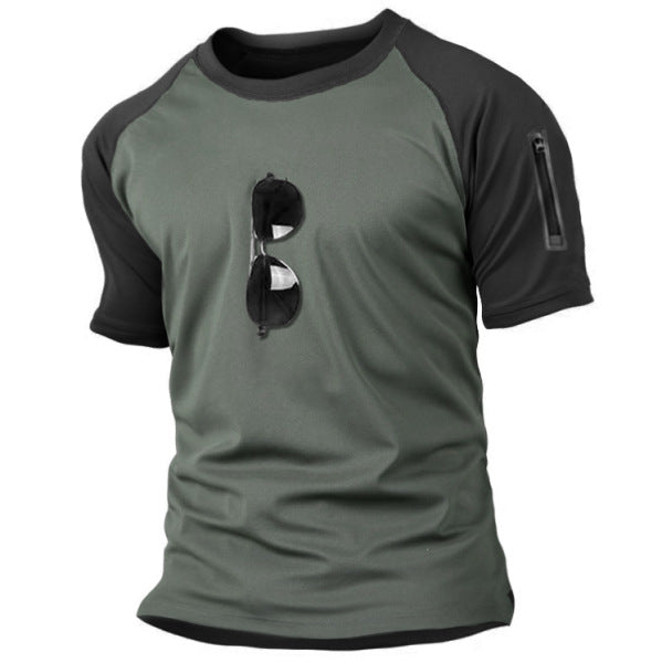 Men's Outdoor Tactical Zipper Raglan T-Shirt Color Matching Chest Hang