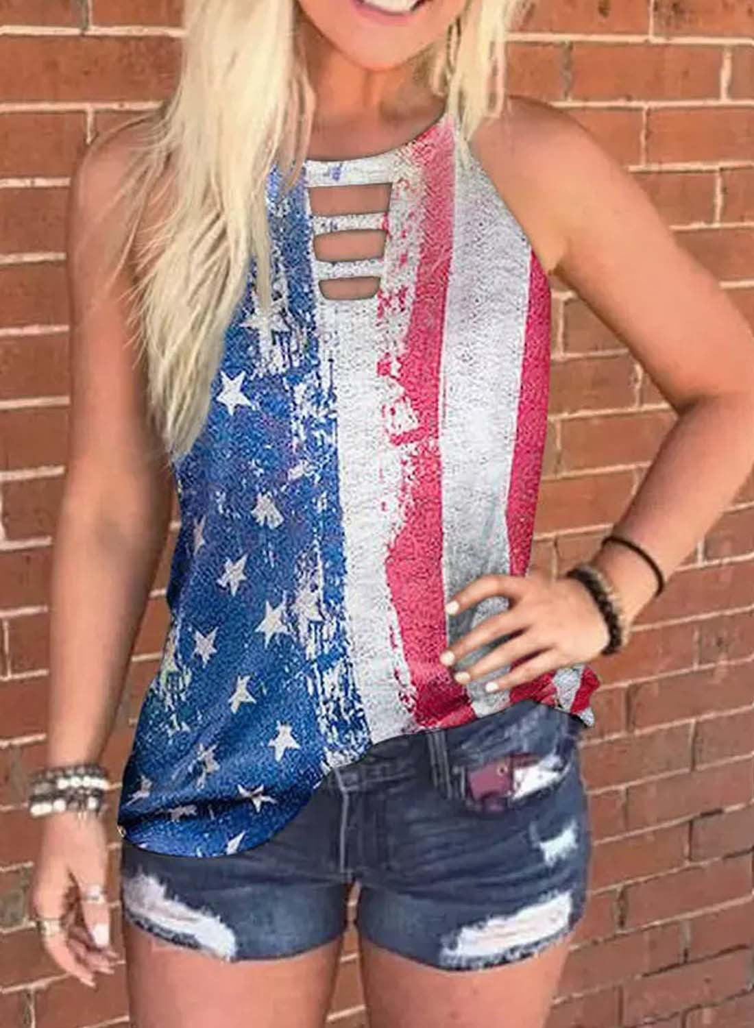 RETRO STYLE STAR SPANGLED FLAG PRINT SMALL V-NECK DEEP V HORIZONTAL ST